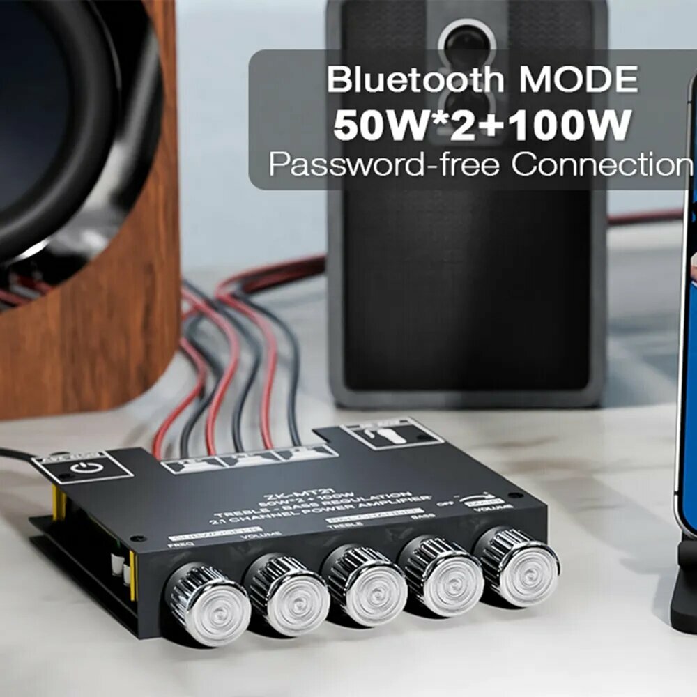 Цифровой Bluetooth-усилитель 2.1 канала: 2 50 Вт + 100 Вт, регулировка НЧ/ВЧ