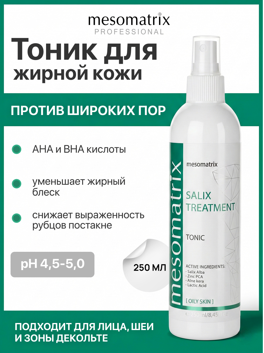 Тоник для проблемной жирной кожи SALIX TREATMENT, с BHA и AHA кислотами, Mesomatrix, 250 мл
