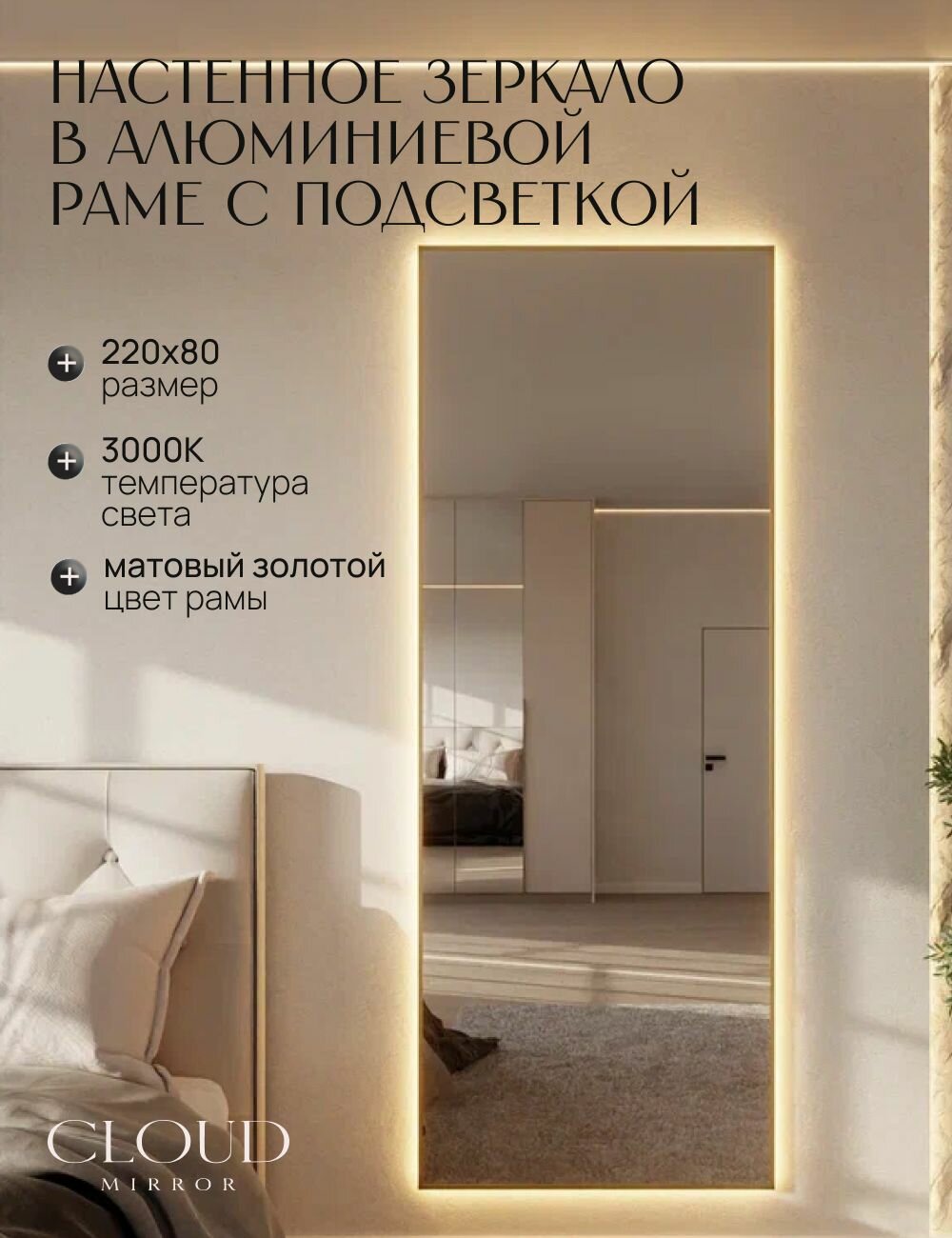 Зеркало 220х80 см. золото с подсветкой. Свет: Теплый белый 3000К. В алюминиевой раме интерьерное настенное CLOUD MIRROR