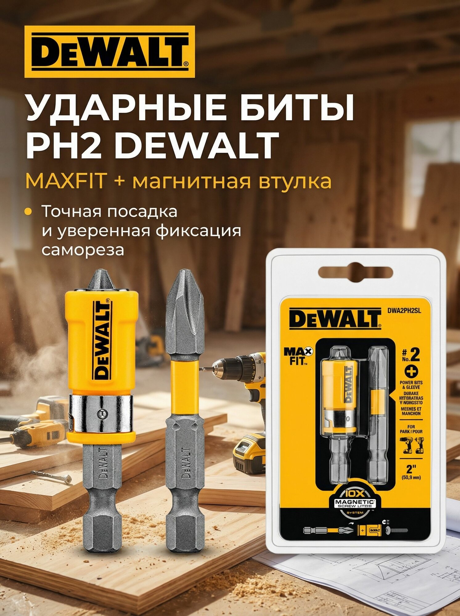Набор ударных бит с магнитным держателем, DEWALT DWA2PH2SL PH2 / Набор бит с поворотной магнитной присоской
