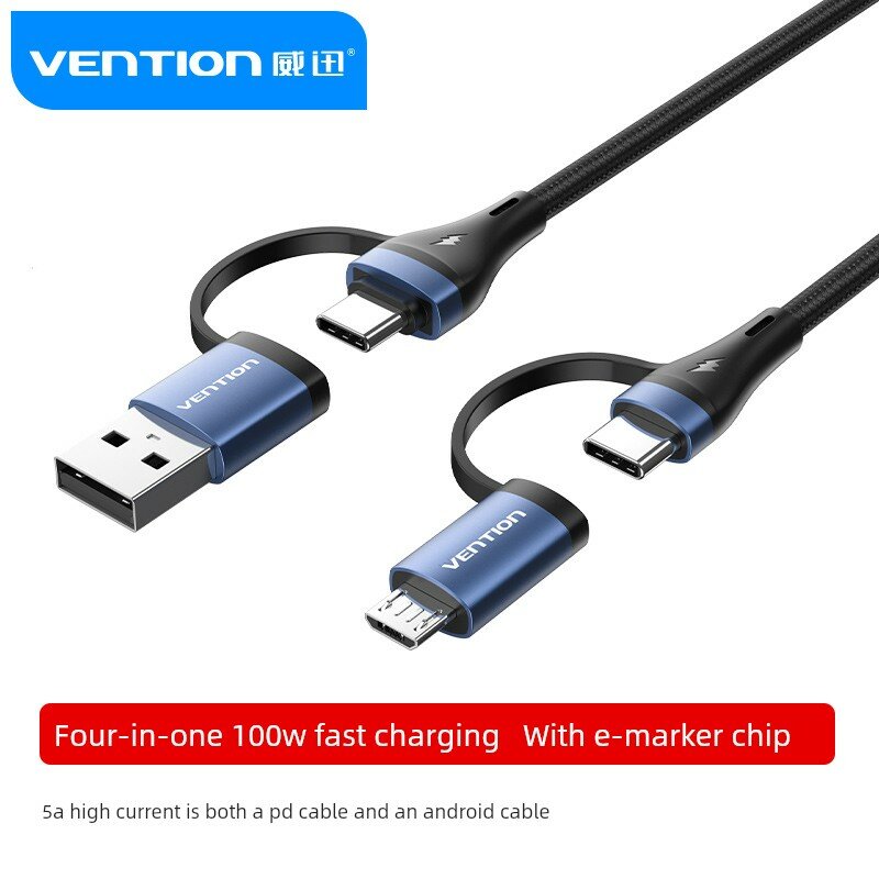 Четырехвходовый 5А USB-кабель с алюминиевым сплавом и хлопковым плетением, синий, 1 м для устройств Android и Huawei