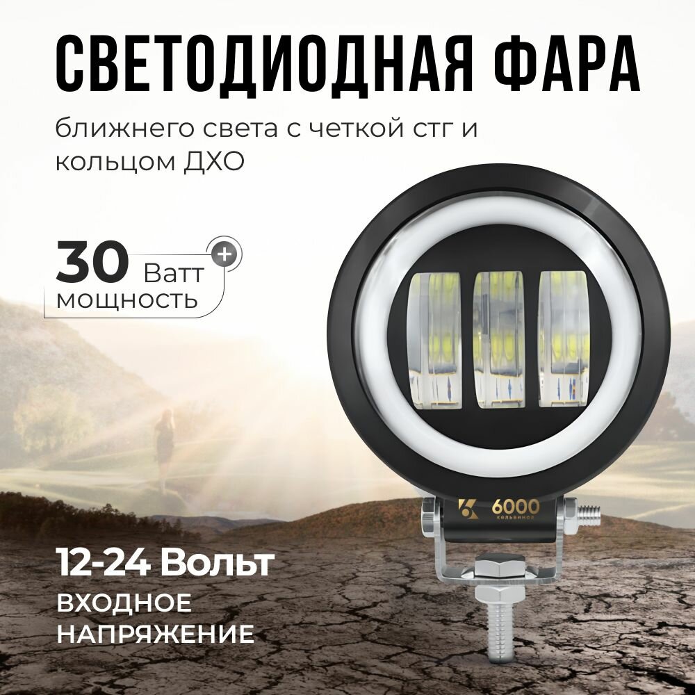 Круглая светодиодная фара led ближнего света с четкой СТГ с кольцом подсветкой ДХО на мотоцикл, ниву и эвакуатор