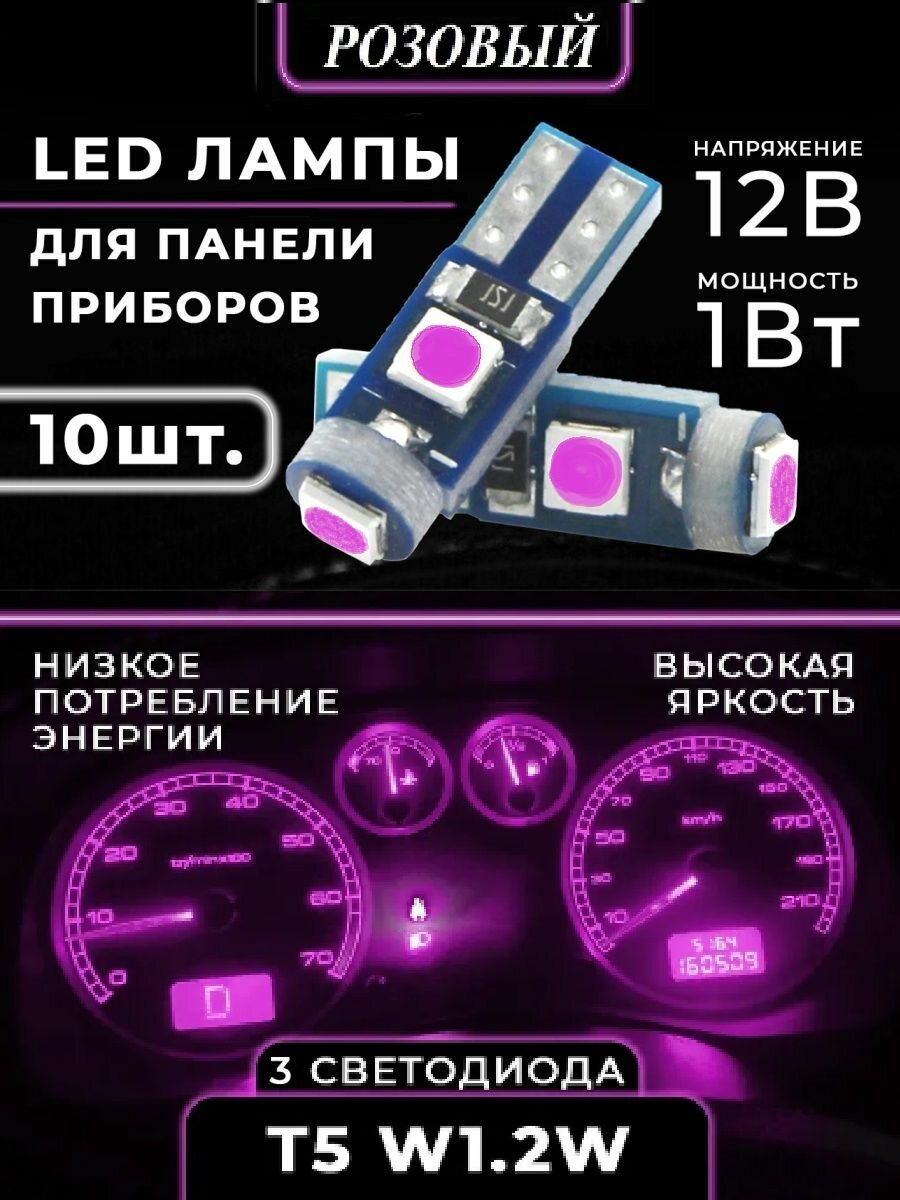 Автомобильная светодиодная лампа T5 (W1,2W) LED, подсветка панели приборов, 12 В свет розовый 10шт.