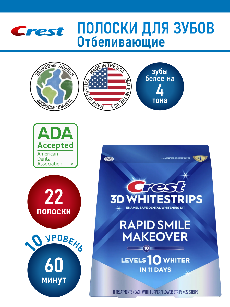 Отбеливающие полоски для зубов Crest 3D Whitestrips Rapid Smile Makeove 22 шт./уп.