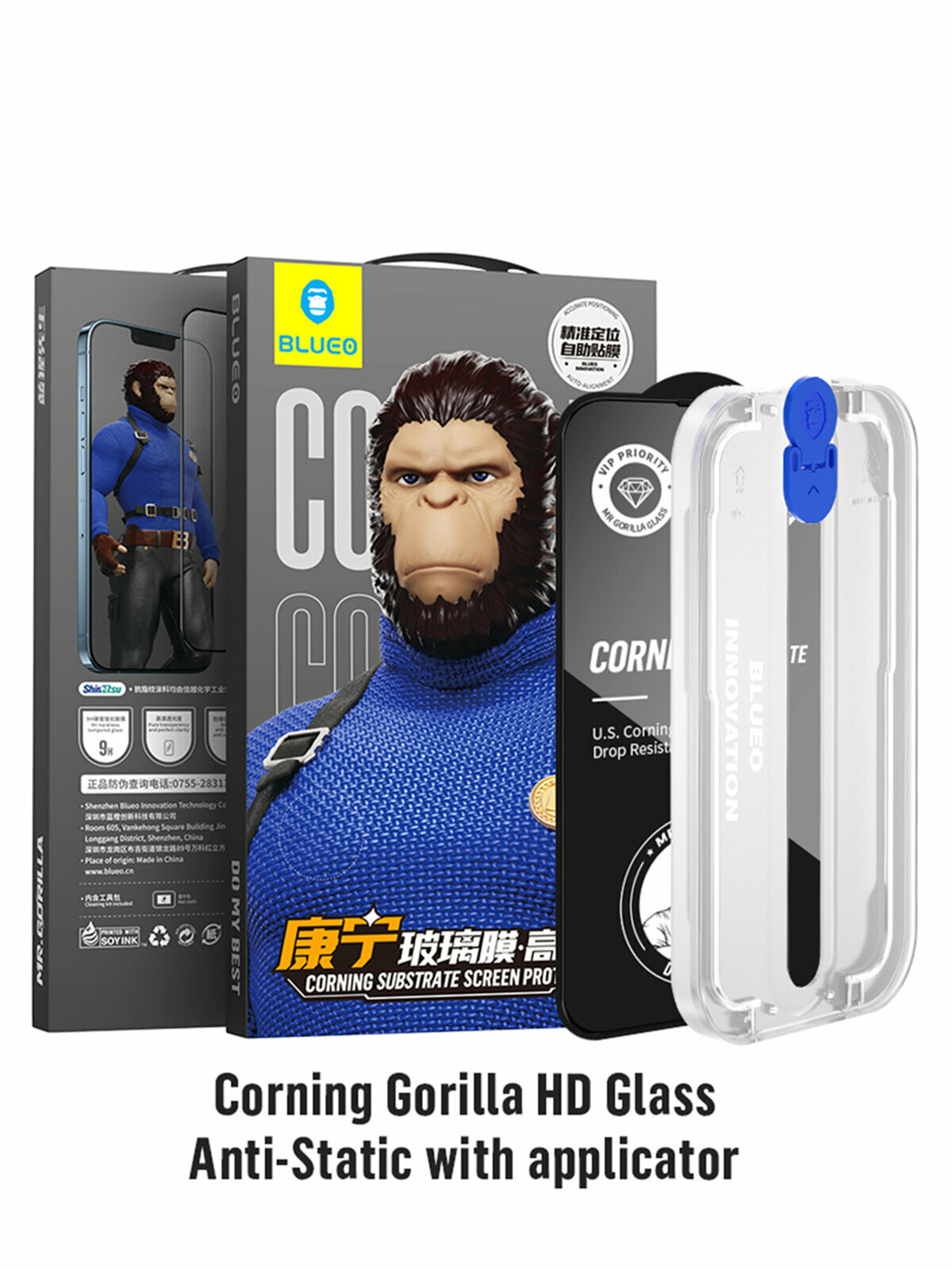 BlueO стекло для iPhone 13 Pro Max/14 Plus, Corning Gorilla USA Anti-Static Black (+installer)