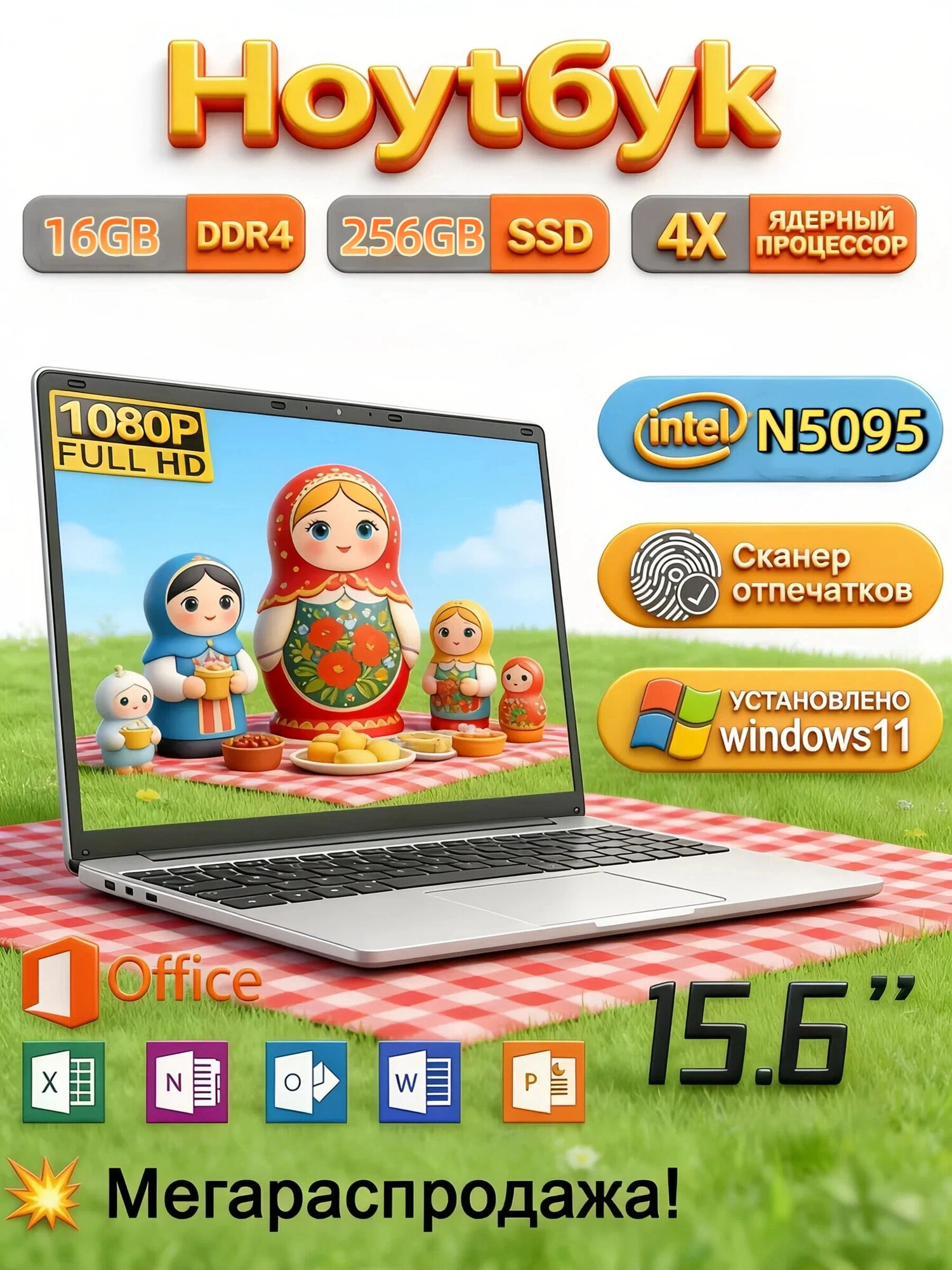 Ноутбук 15,6 дюйма, Intel N5095,16 ГБ, SSD 256 ГБ, графические процессоры Intel UHD , Windows 11, русская клавиатура
