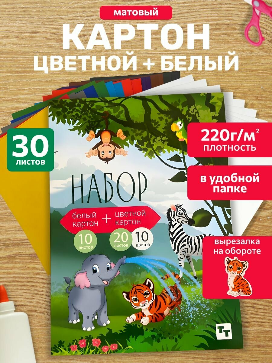 Набор цветного одностороннего и белого матового картона в папке TINKITOYS 30 листов формата А4
