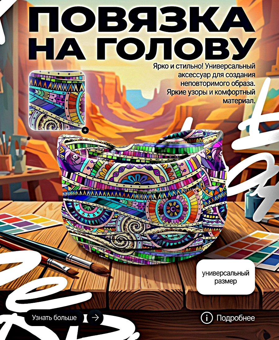 Повязка на голову, с цветочным принтом Бохо, унисекс, размер универсальный