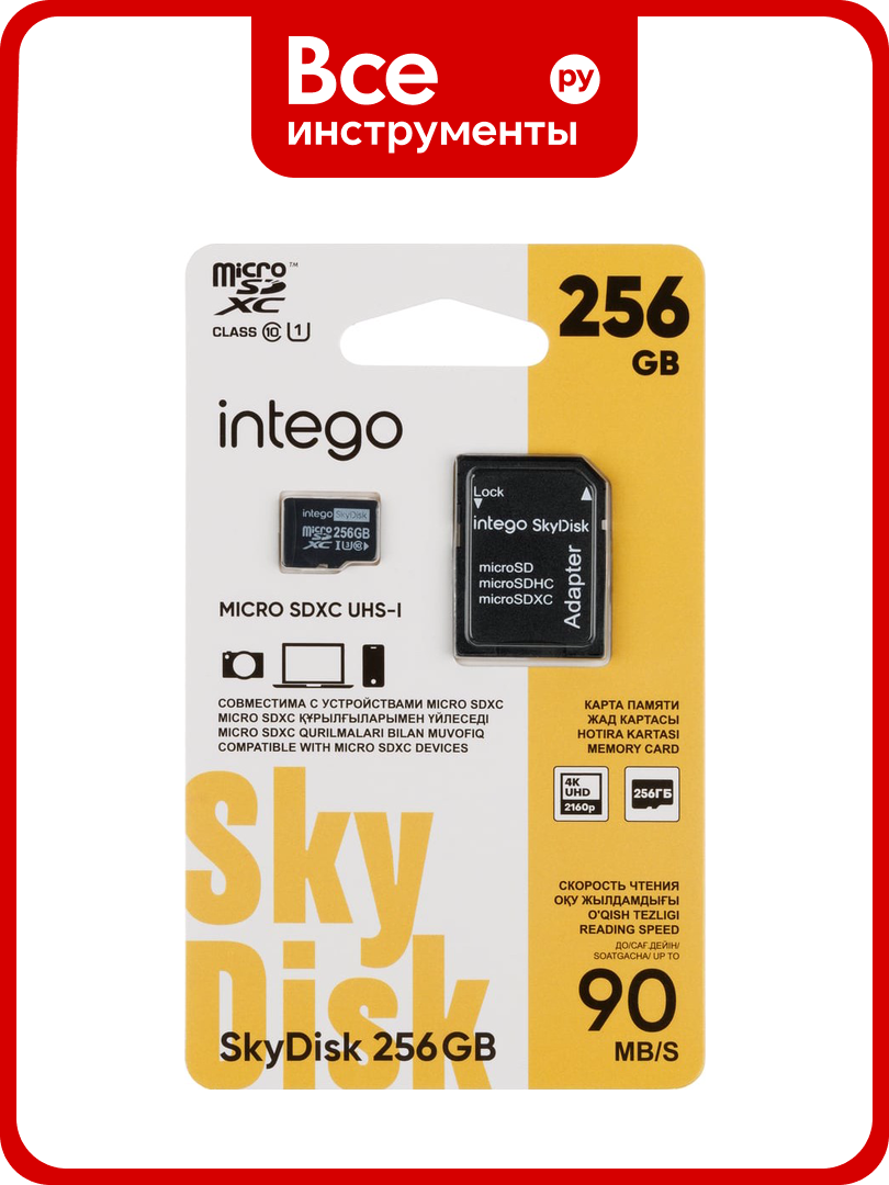 Карта памяти INTEGO SkyDisk, 256ГБ, Class 10, 90 Мб/с, черный