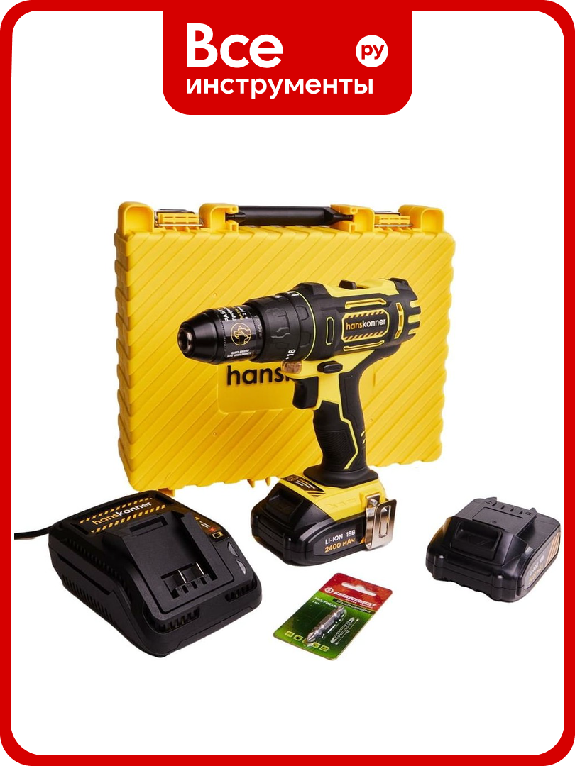 Дрель-шуруповерт Hanskonner HCD1838R, Li-Ion, 18В, 2.4Ач, 55 Нм, 2 скорости