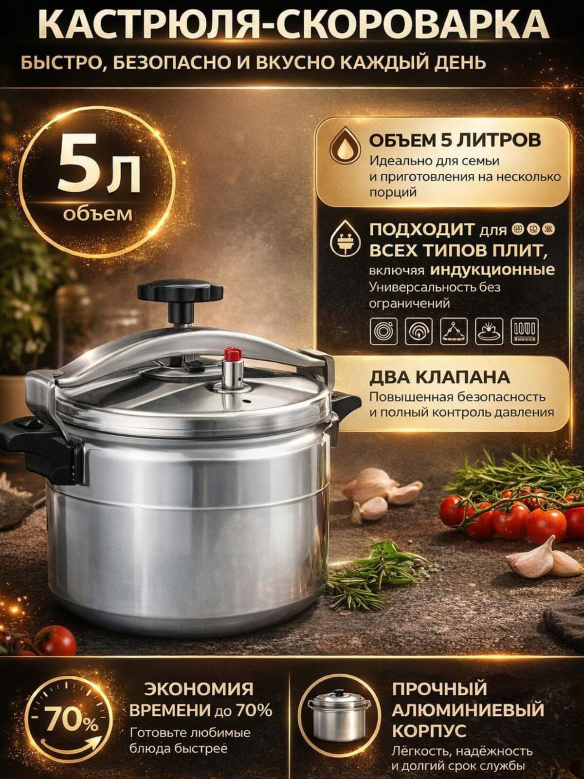 Скороварка 5 литров, для всех типов плит, алюминий