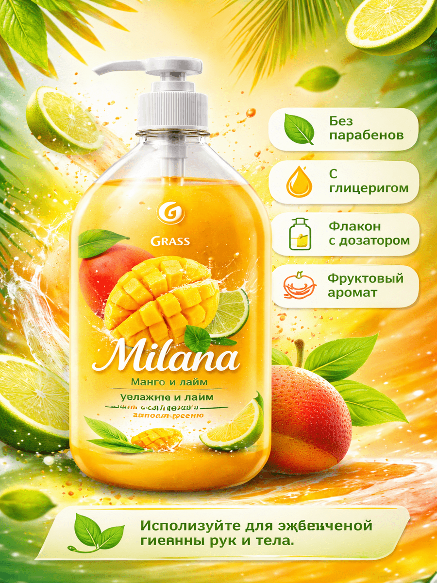 Крем-мыло жидкое Grass Milana Манго увлажняющее, 1л