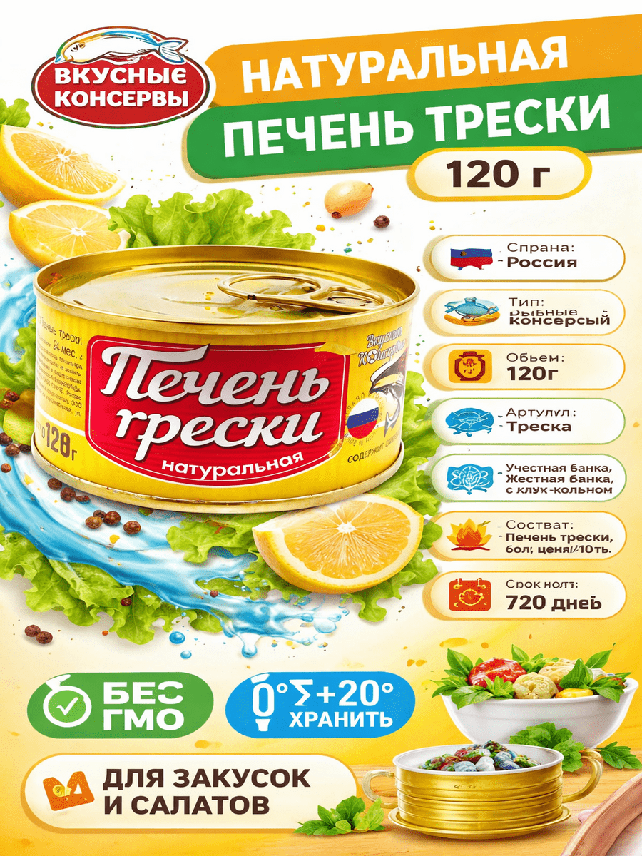 Треска Вкусные консервы печень натуральная, 120г