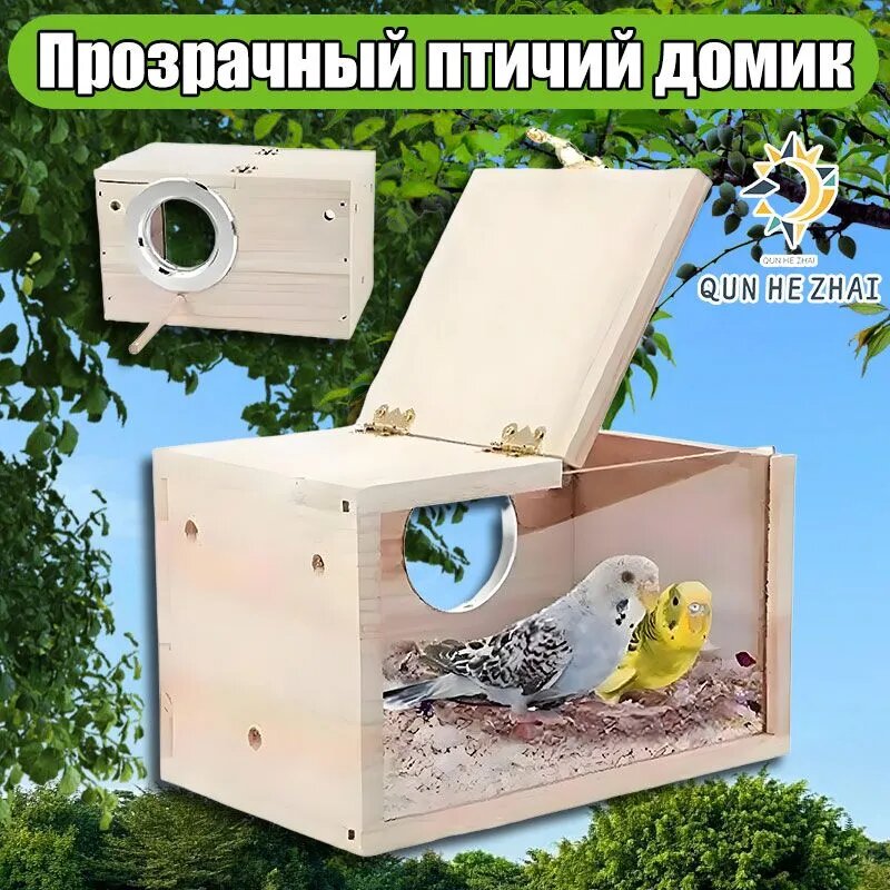 Прозрачный птичий домик из натурального дерева для попугаев-неразлучников