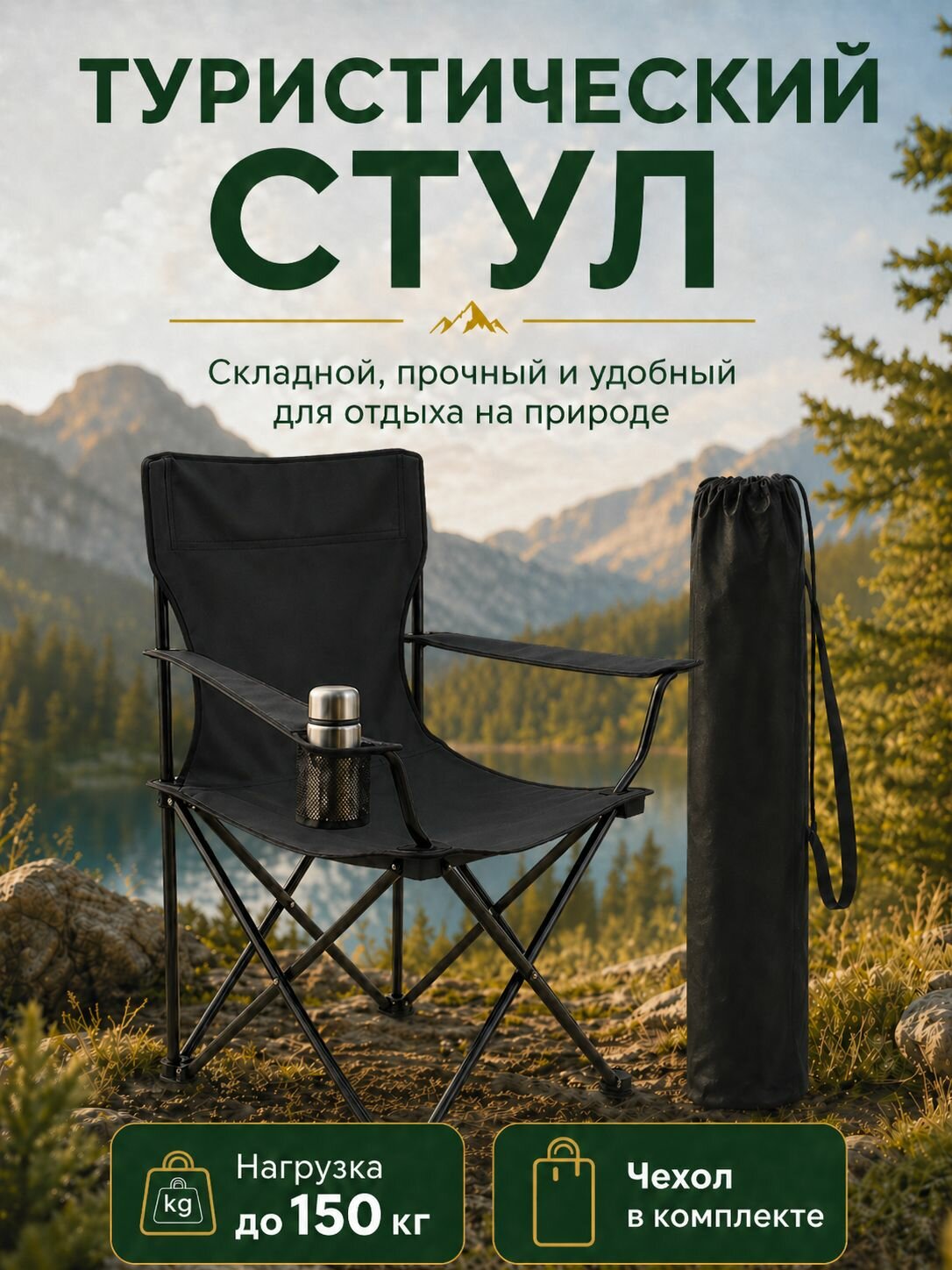 Стул складной туристический со спинкой и подлокотниками SOGOOD, до 150кг, черный