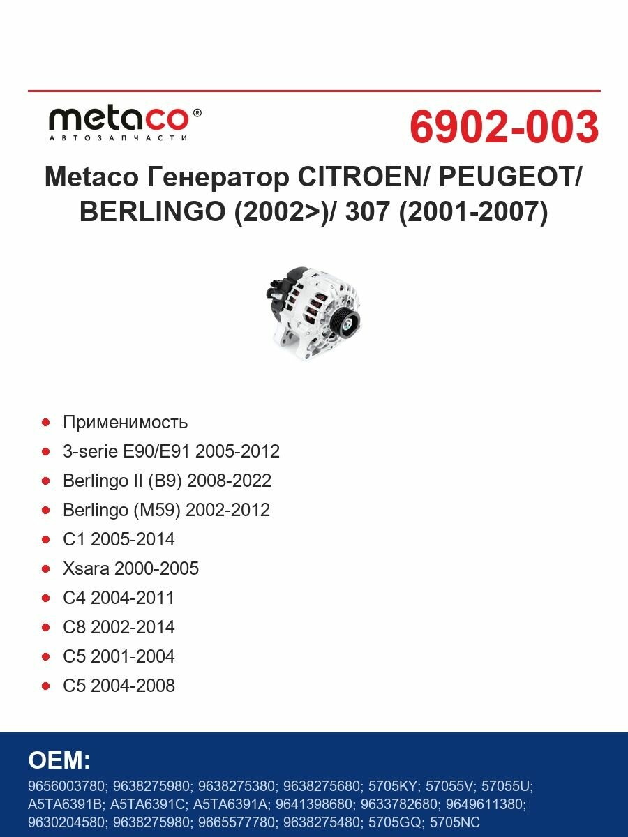 Metaco Генератор CITROEN/ PEUGEOT/ BERLINGO (2002>)/ 307 (2001-2007)