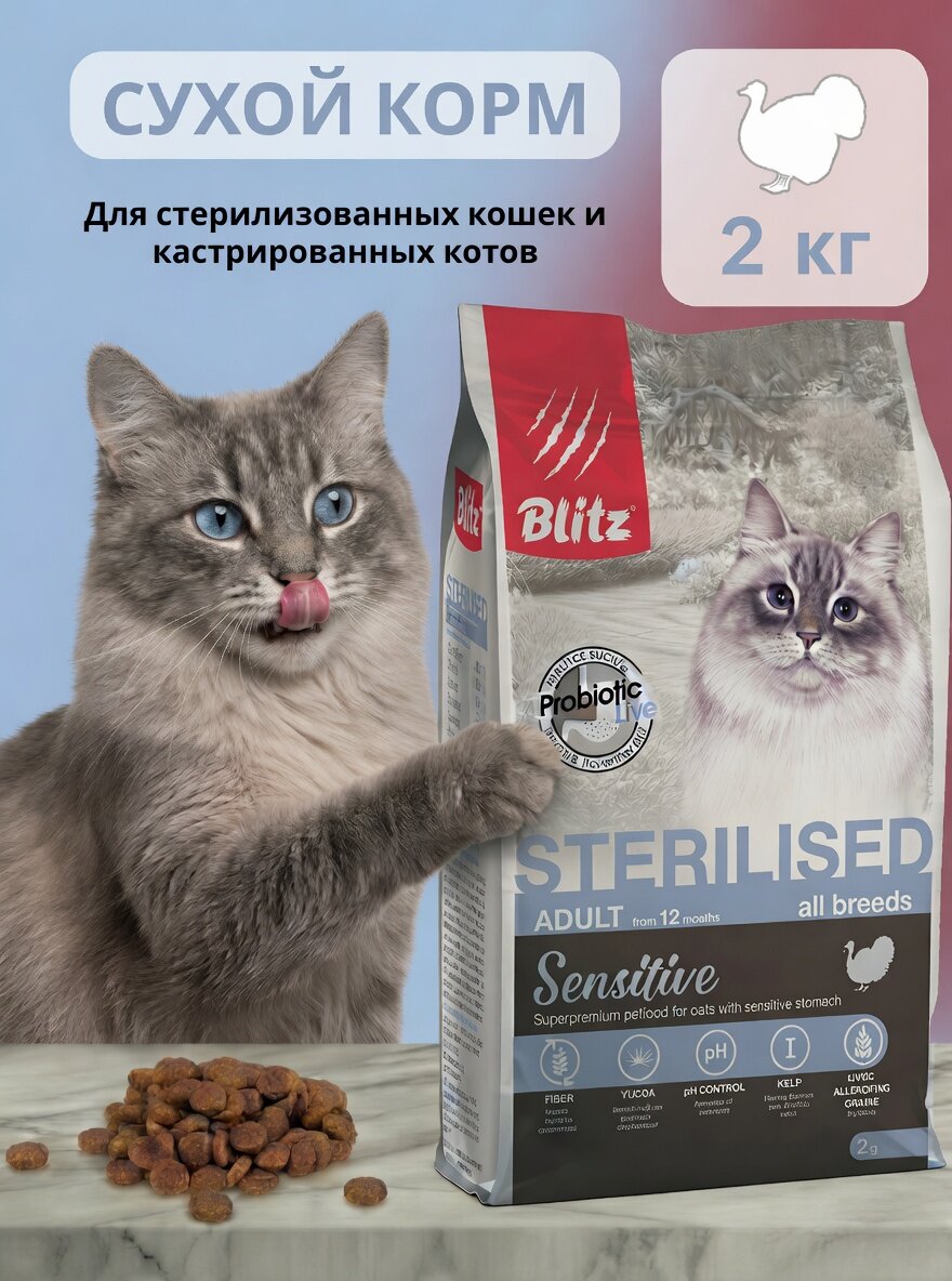 Корм для кошек стерилизованных Blitz Sensitive Sterilised Turkey индейка 2 кг