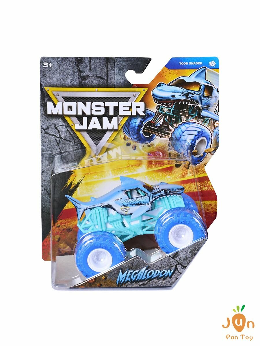 Spin Master Monster Jam Megalodon Toon Shaded Series / Детская игрушечная машинка, имитирующая монстр-трак в масштабе 1:64, подойдет в качестве подарка коллекционерам и поклонникам