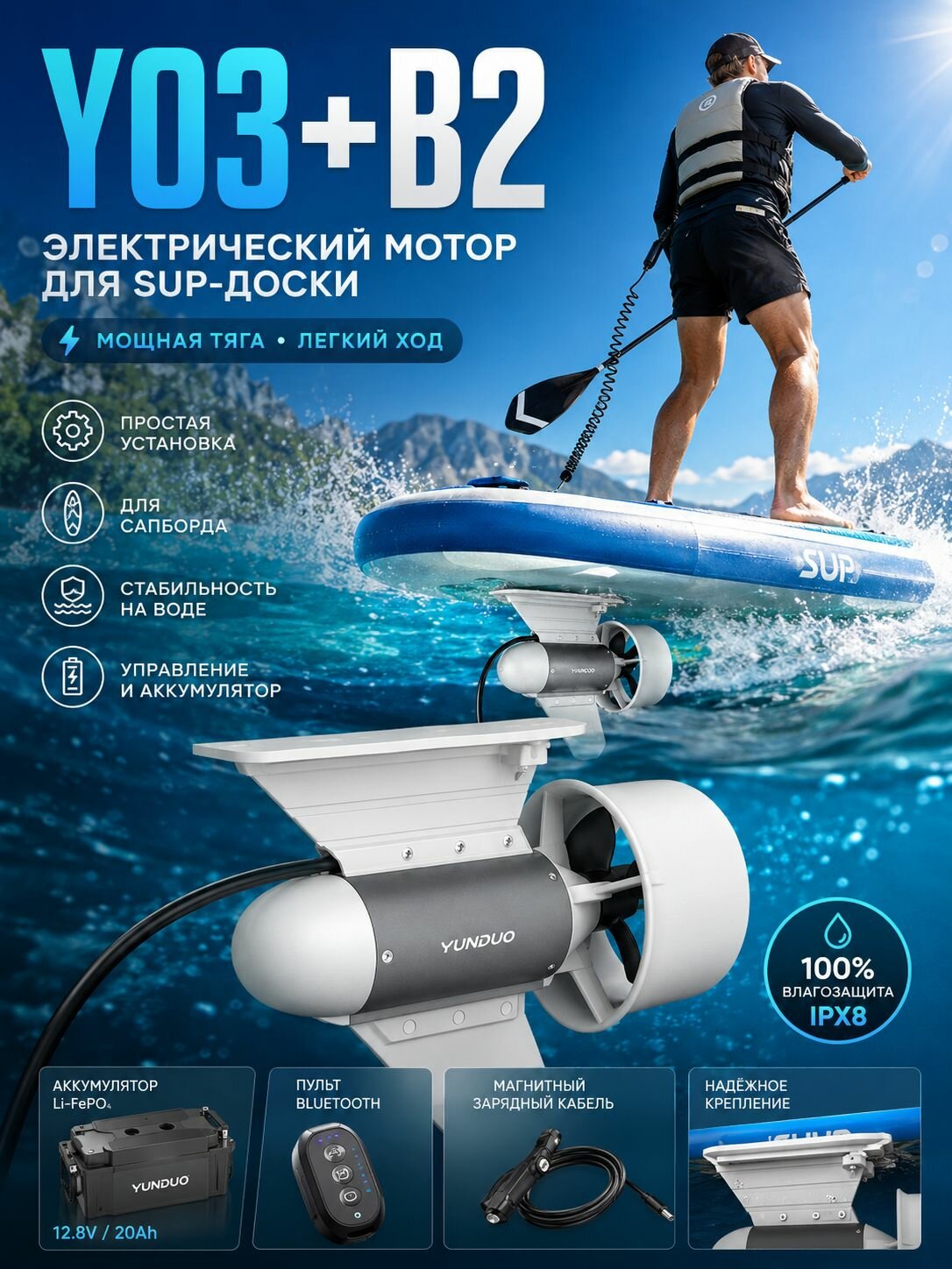 Электромотор для SUP-доски Y03, серый, легкий, до 600 мин работы, 1240 г