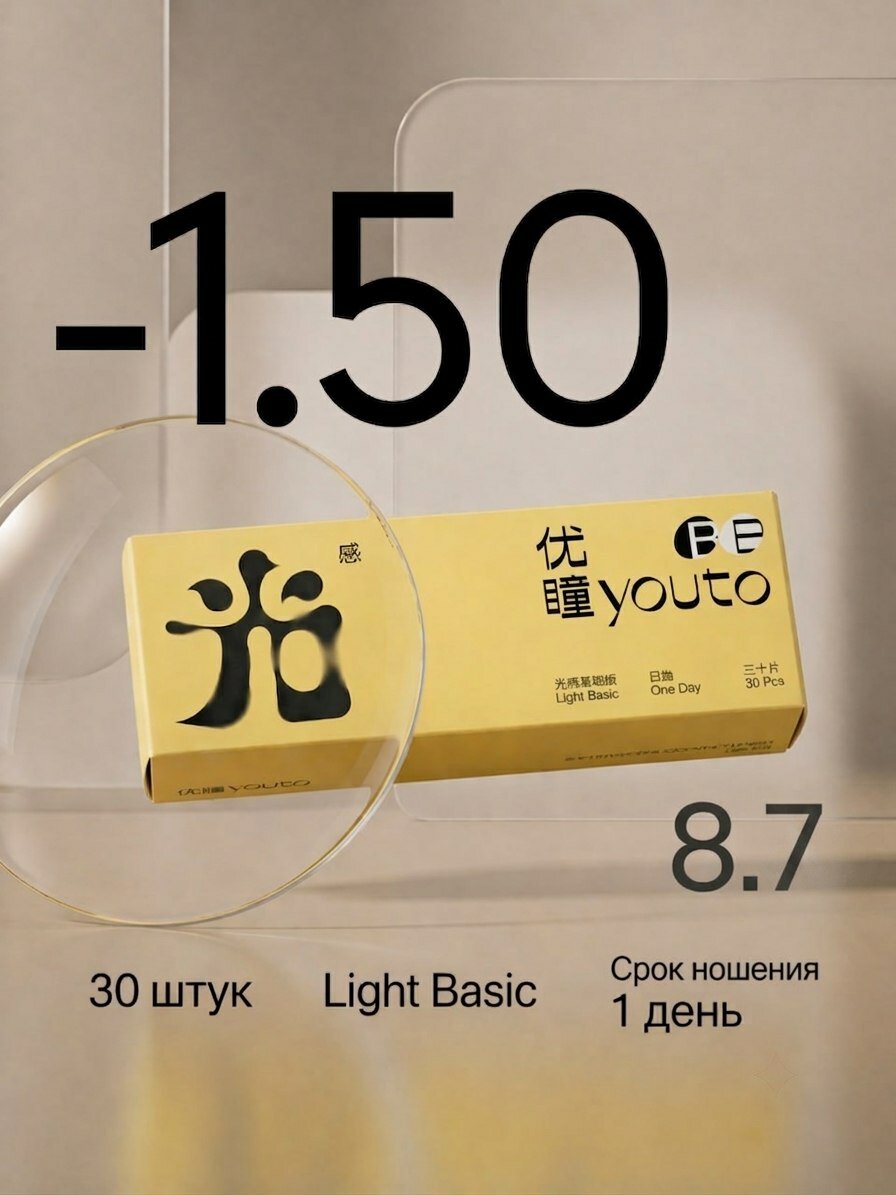 Контактные линзы YOUTO Light Basic, -1.5, однодневные, 30 шт, прозрачные