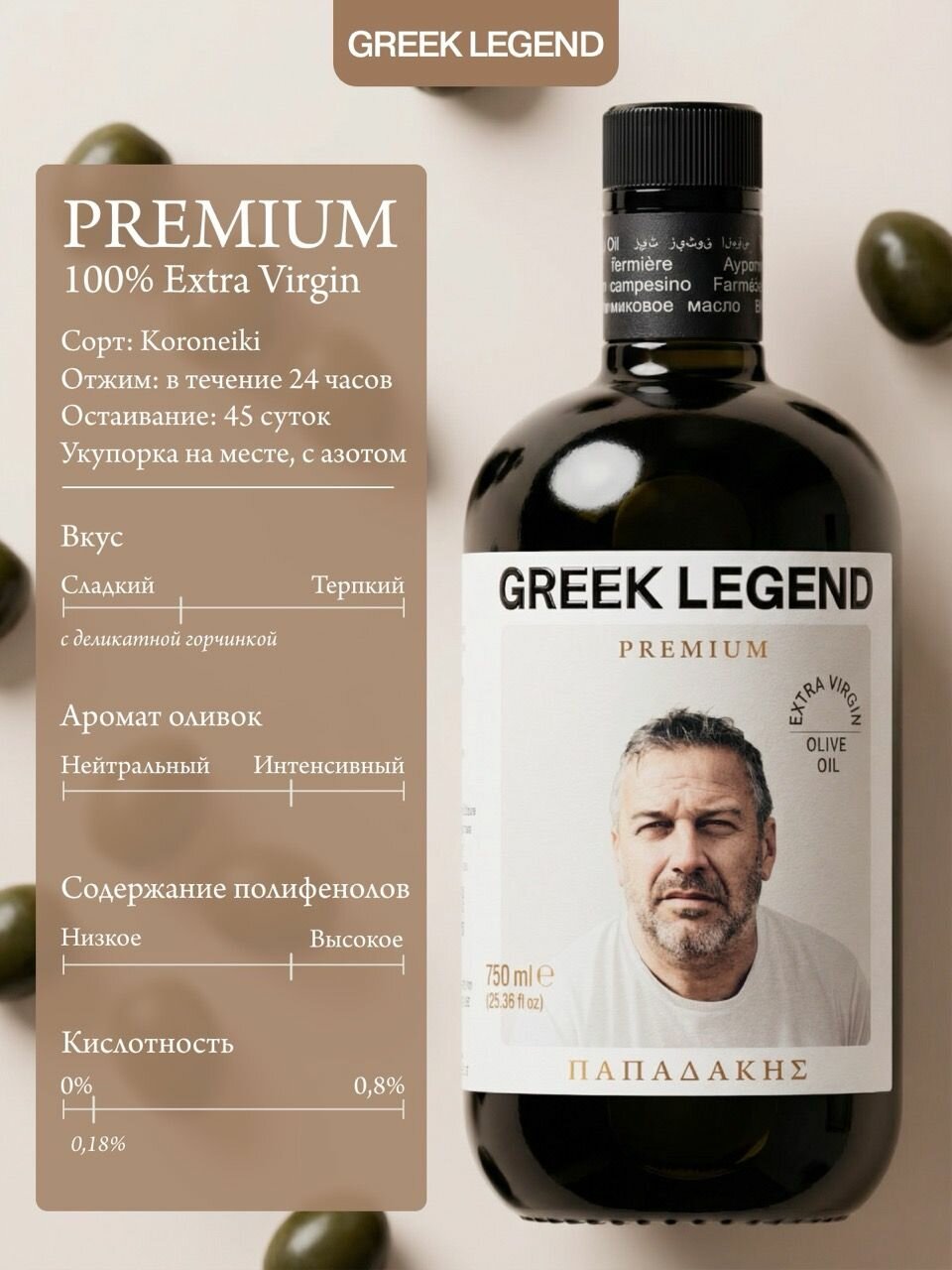 Оливковое масло Extra Virgin Greek Legend Premium Papadakis, 500 мл, холодного отжима, Греция — фото 1