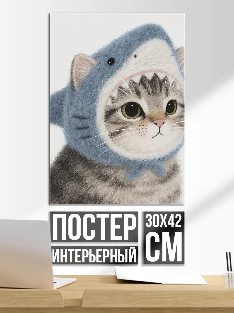 Плакат постер Кот в шапке акулы