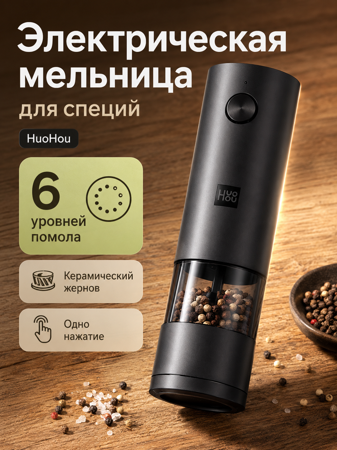 Электрическая мельница Xiaomi Huohou, 6 режимов помола, керамические жернова