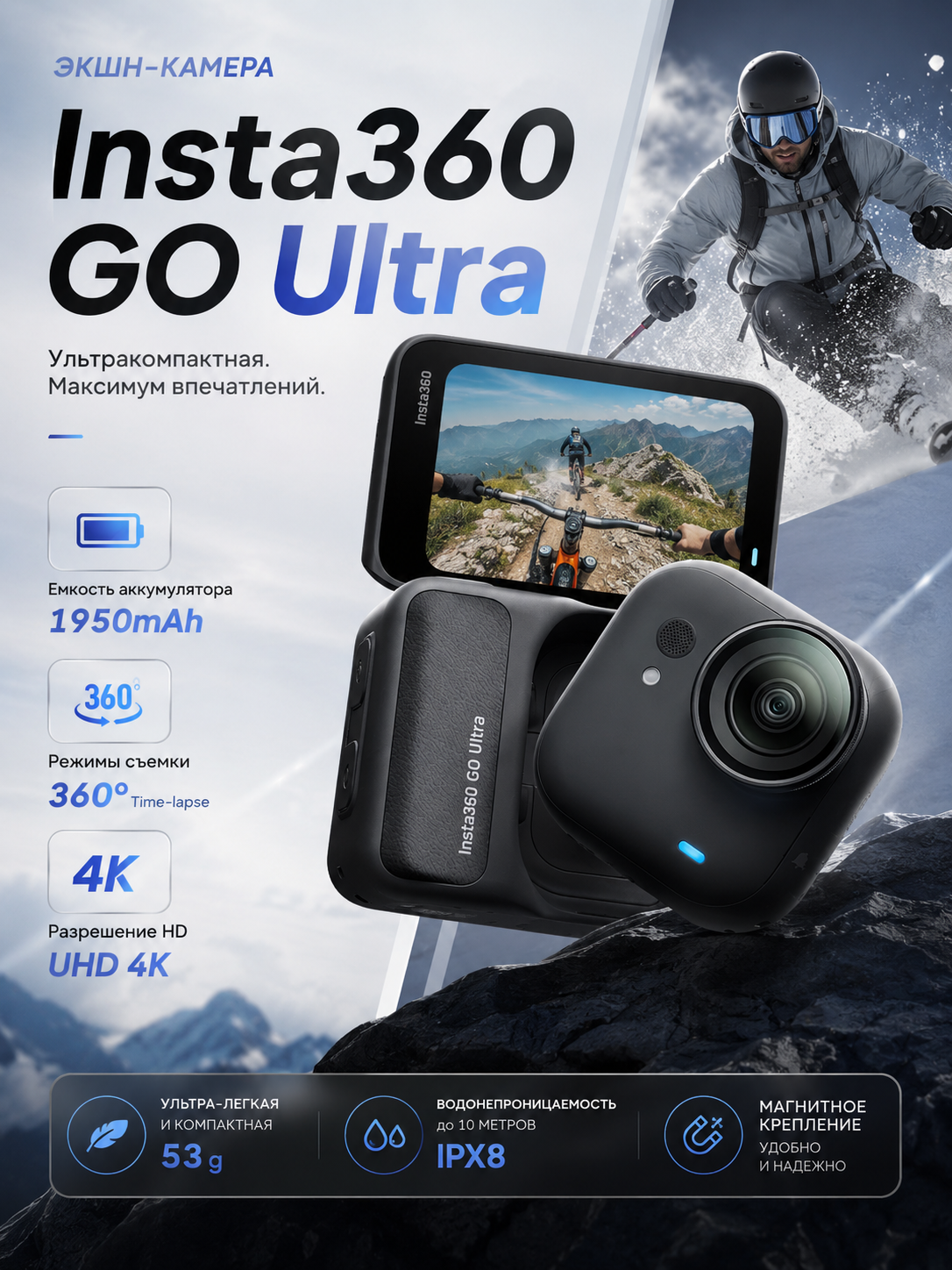 Карманная экшн-камера Insta360 GO Ultra, Flagship Standard Edition 4K (черная)