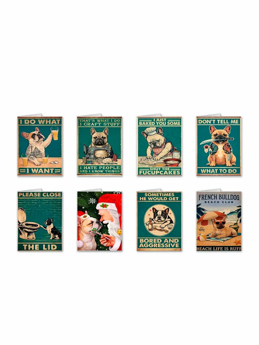 Французский бульдог, Beach Life N2, Открытки с конвертом 8шт