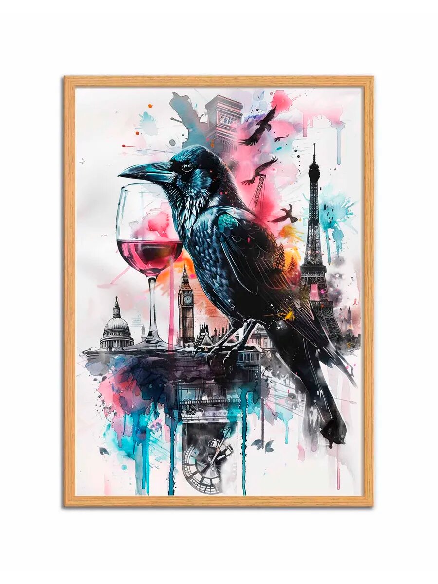 Птица Ворона Пьет вино 5, Плакат 30x42см