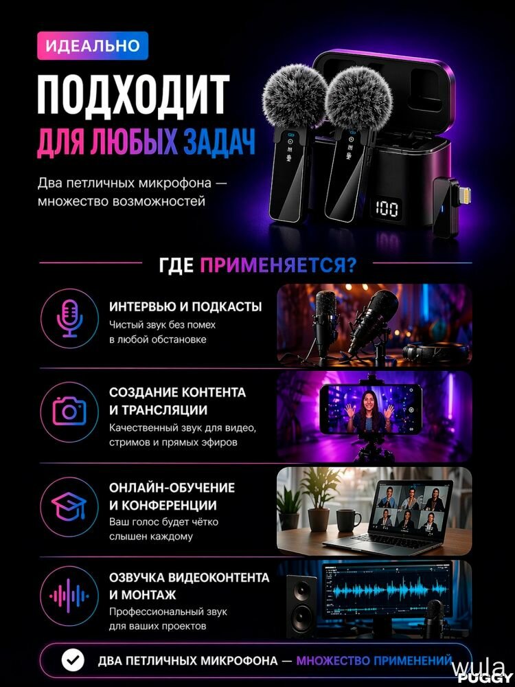 Микрофон петличный, черный матовый с двумя микрофонами и зарядным盒 - идеален для подкастов, стримов, вебинаров
