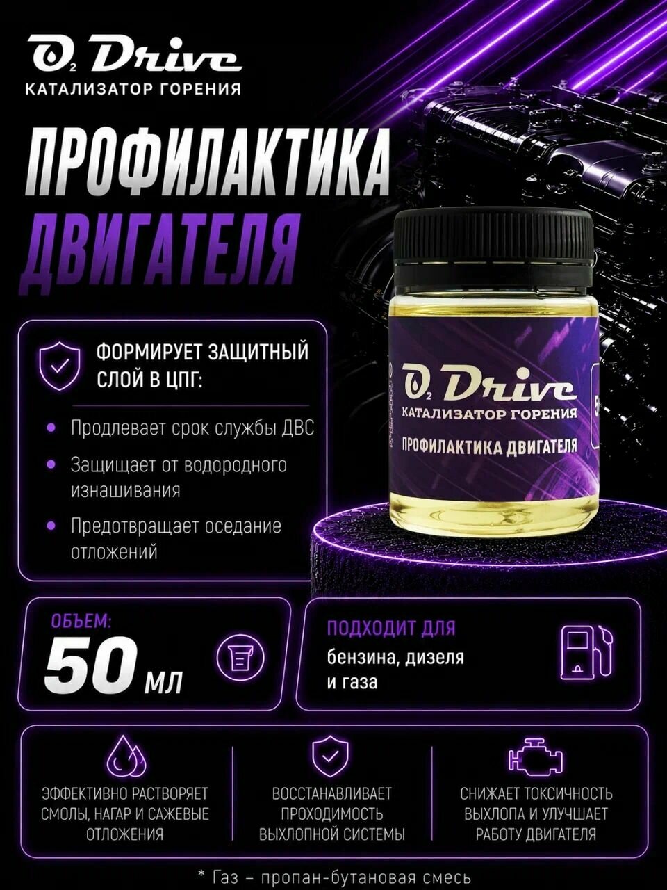 Профилактика и защита двигателя, катализатор горения O2 Drive. Присадка в бензин, дизель, газ на 900-1150 литров (3-е поколение)