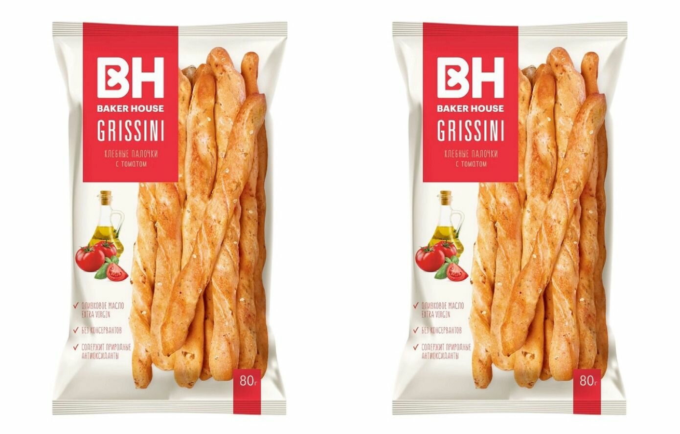 Baker House Хлебные палочки Grissini, c томатом, 80 г, 2 уп