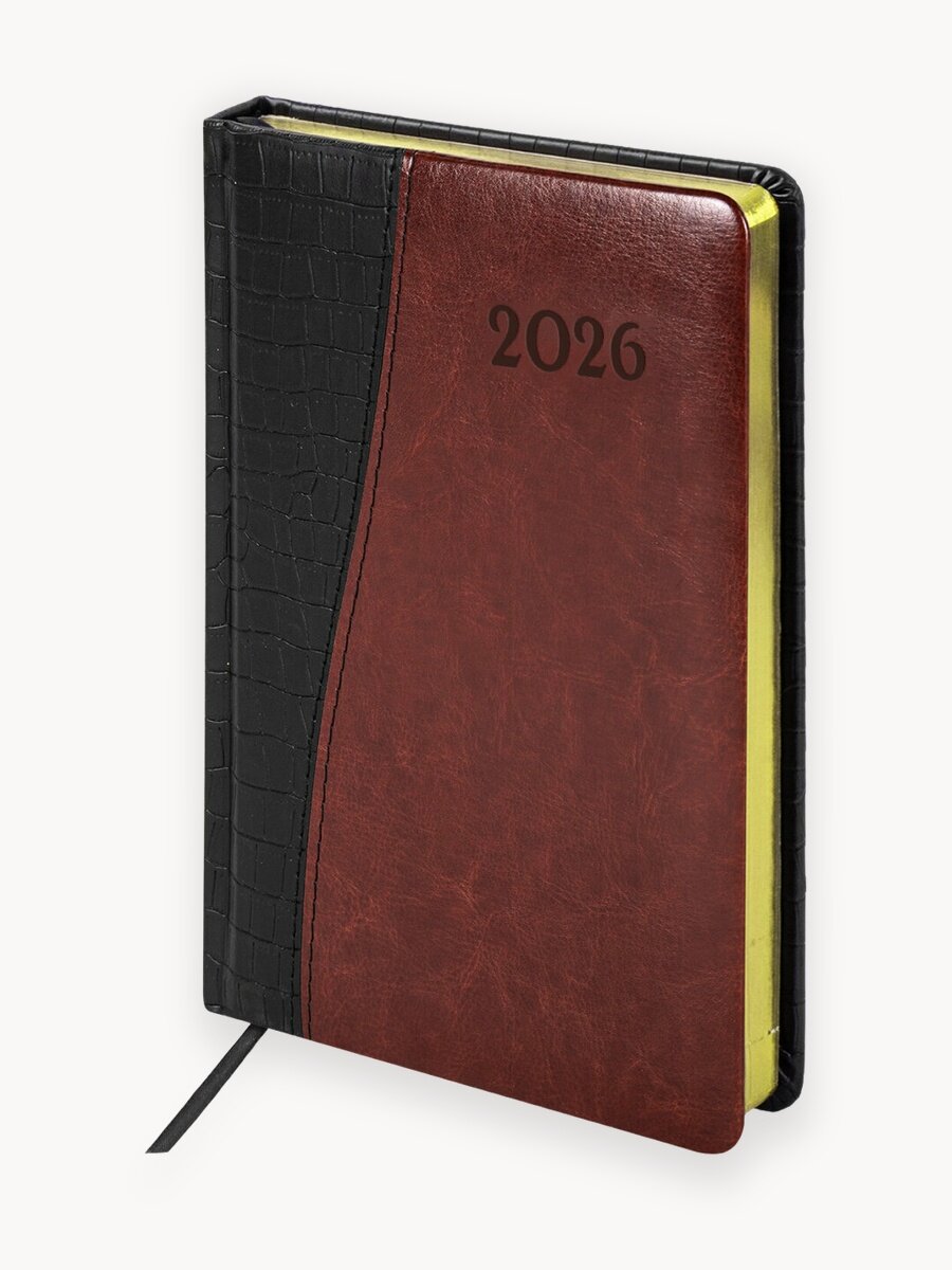 Ежедневник датированный 2026, планер планинг, записная книжка А5 138x213 мм, обложка под кожу, черный коричневый, Brauberg, 117045
