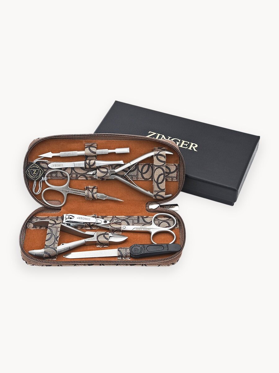 Маникюрный набор Zinger 7106, 8 предметов, медицинская сталь, серебристый/бежевый кольца