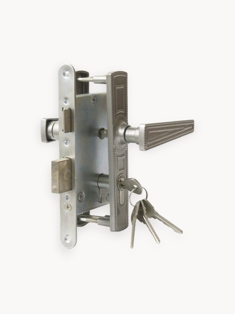 Замок врезной цилиндровый с защёлкой в комплекте с ручкой Зенит (замки) зенит ЗВ4-3.01 (никель), 4 кл.