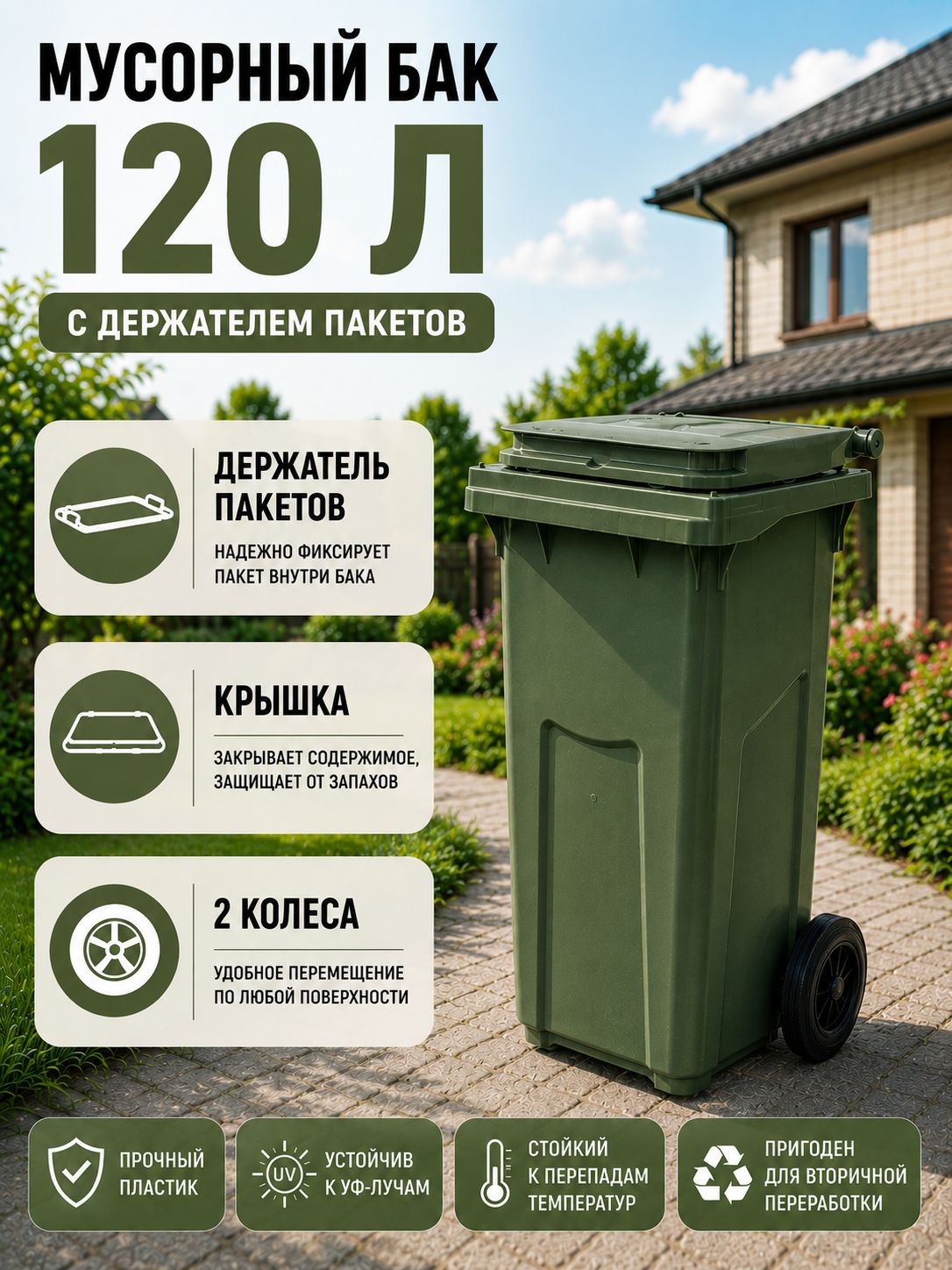 Мусорный бак с держателем пакетов в комплекте, контейнер для мусора 120 л, с крышкой, на колесах