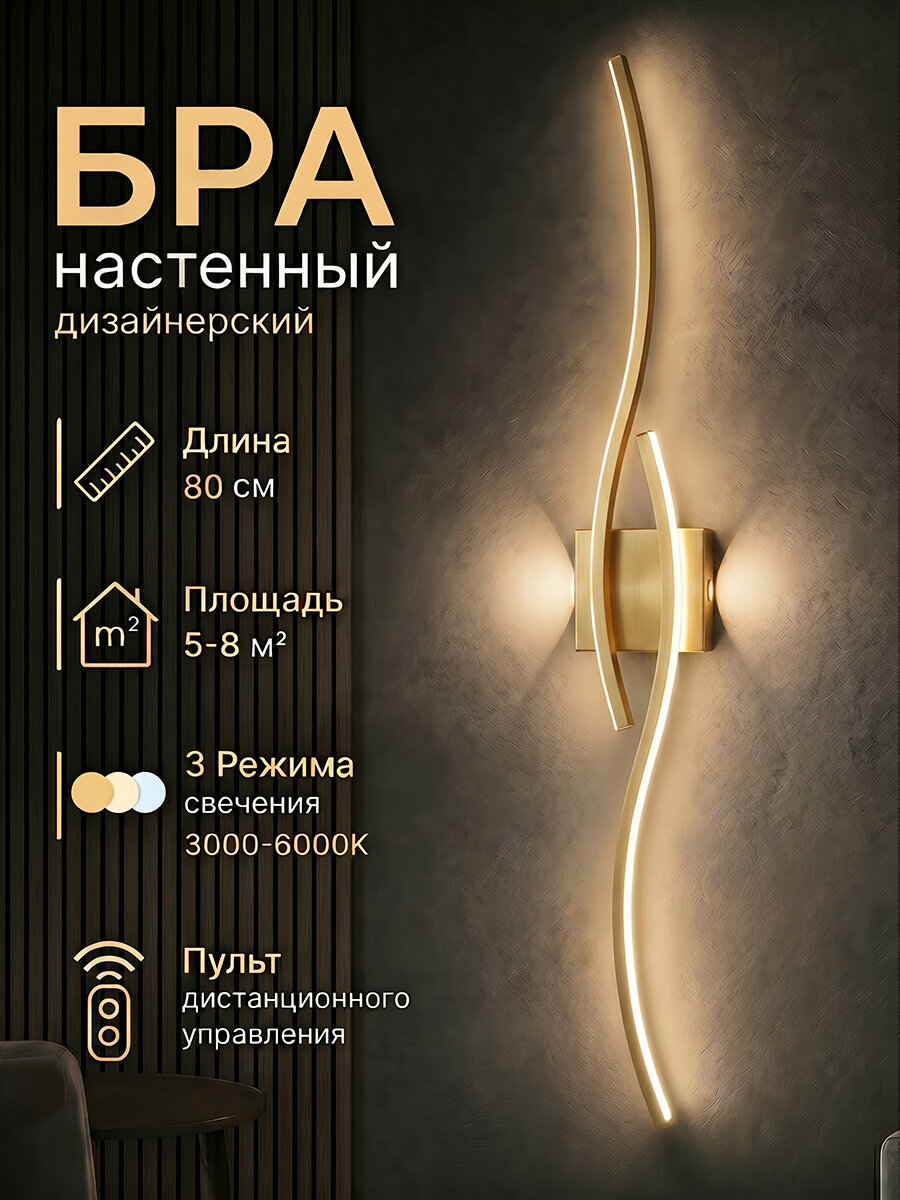 Золотое дизайнерское бра LED с пультом, настенный светильник для дома