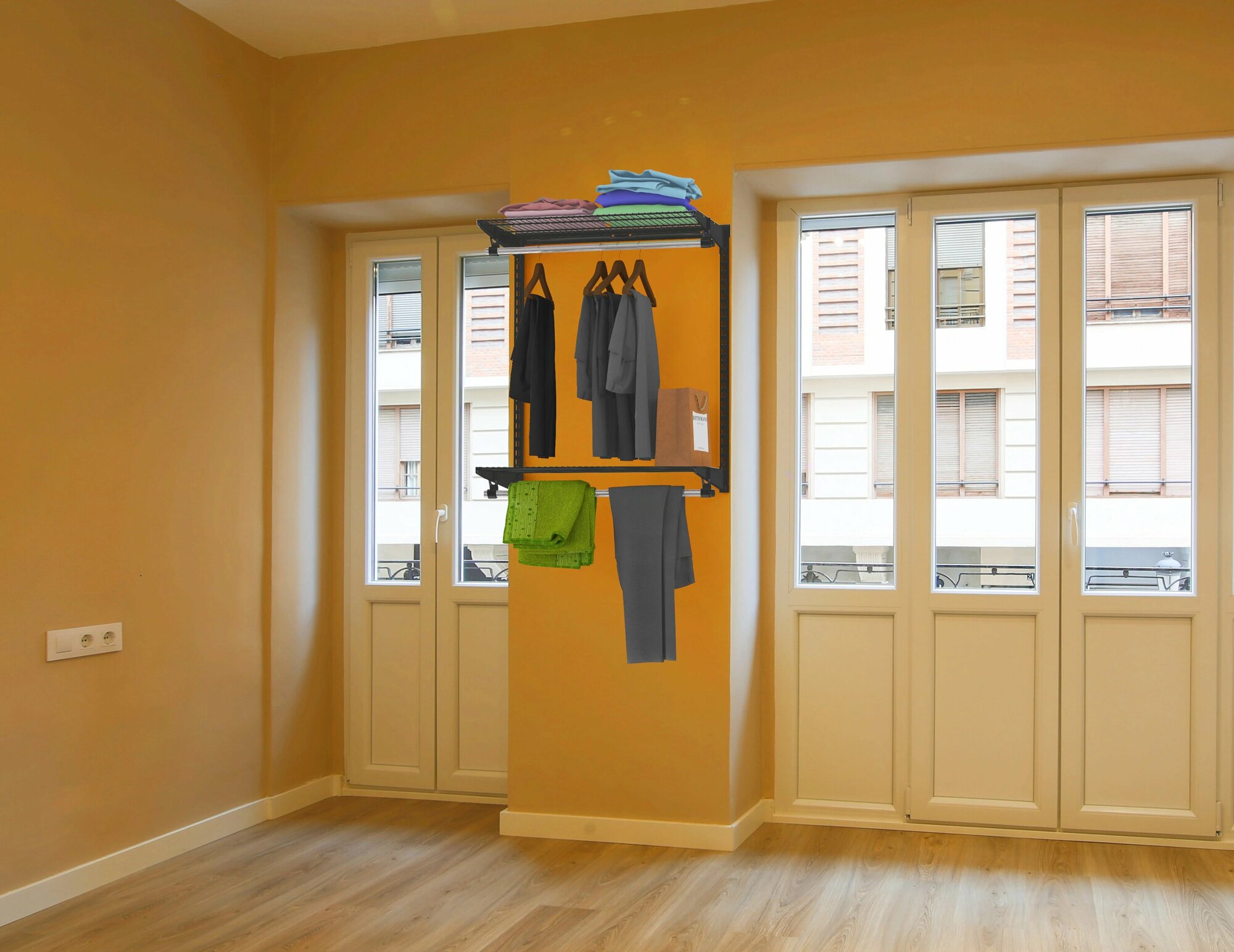 Черная гардеробная система с 2 штангами