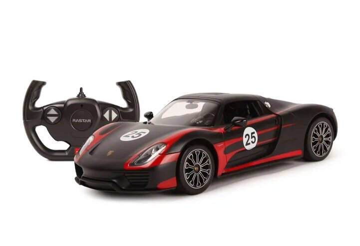 Машинка на радиоуправлении Rastar 70710 Porsche 918 Spyder Weissach (1:14, 33см). Двери НЕ открываются. Свет фар. Черная