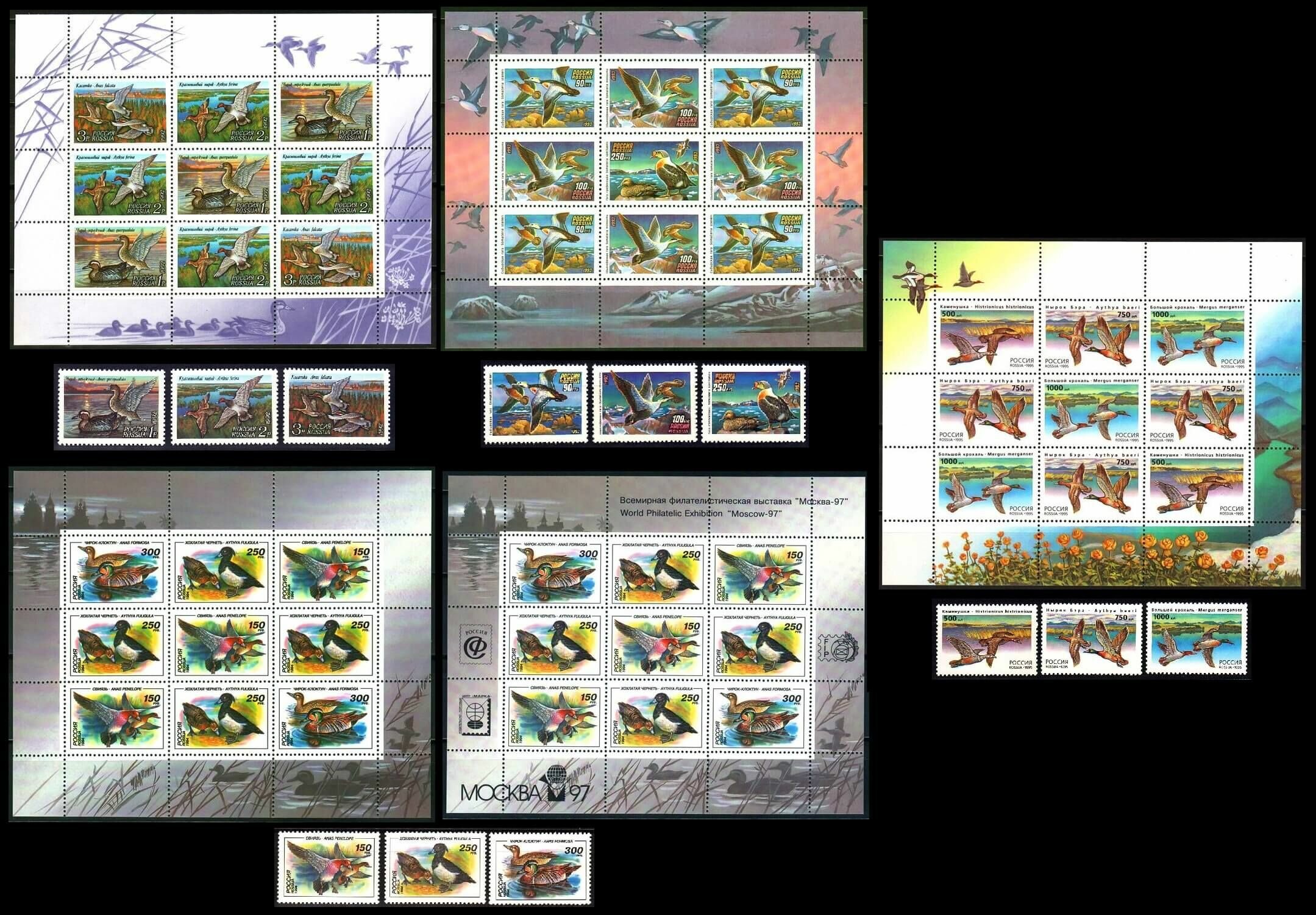 Почтовые марки России. 1992-1995. Фауна. Утки. Все выпуски(марки+малые листы). MNH(***)