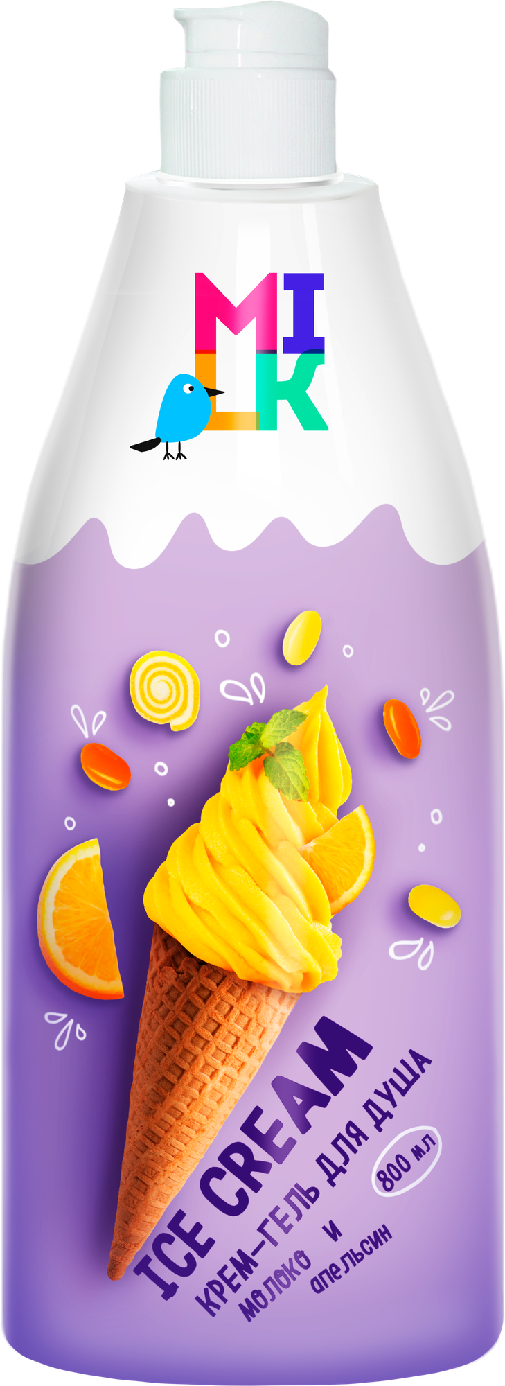 Гель для душа БИГ, Milk, Взрослая косметика, Молоко и апельсин, 800 мл