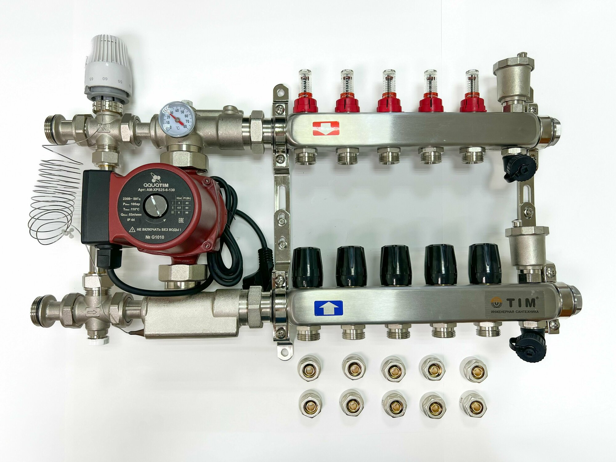 Комплект для водяного теплого пола с насосом: Коллектор 5 выхода с расходомерами + смесительный узел JH-1039 + циркуляционный насос 25-60 + евроконусы - TIM (до 70 кв. м.)