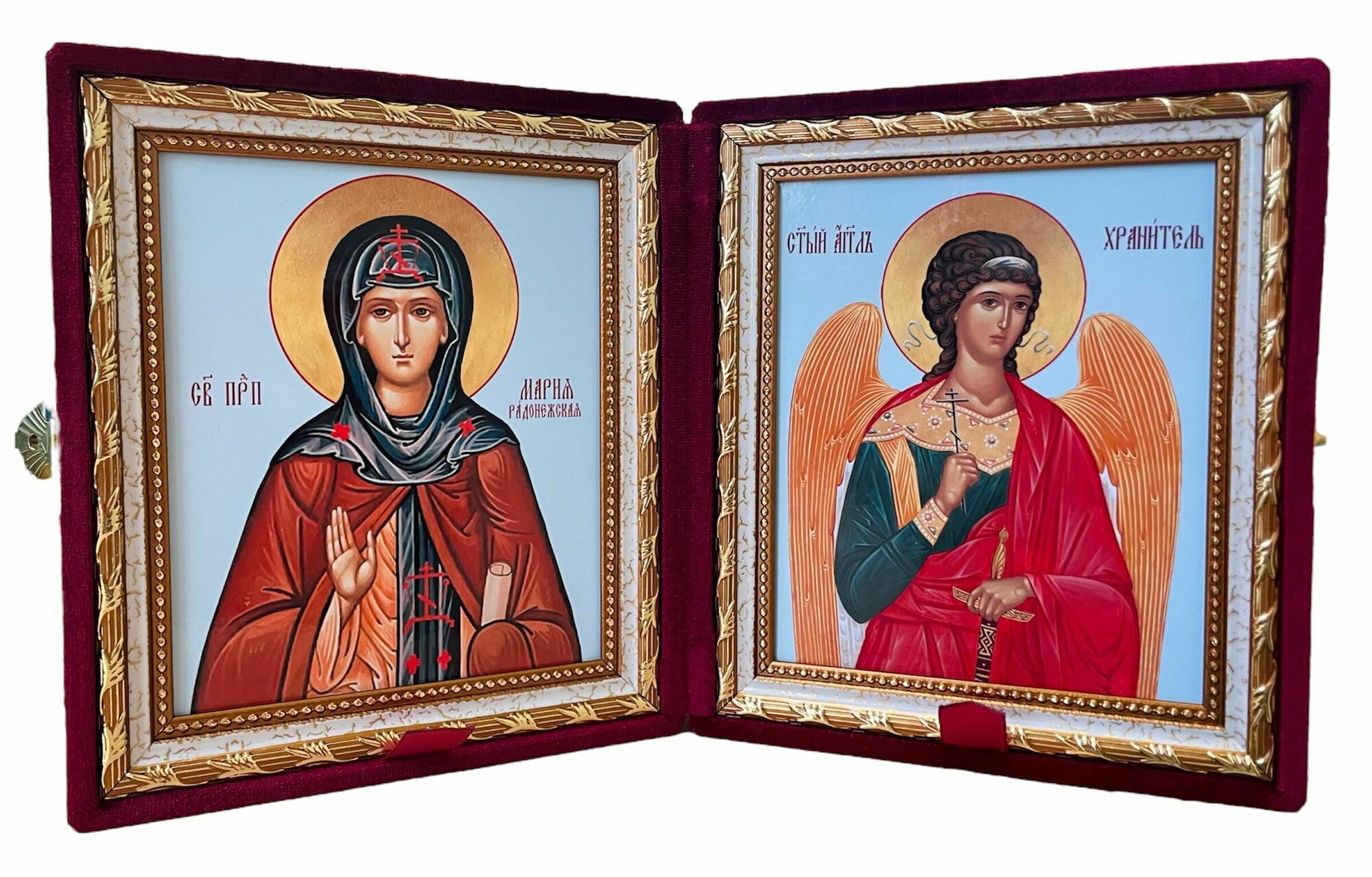 Икона Складень Мария Радонежская, Преподобная и Ангел Хранитель в бархатном футляре, 14х16,5 см