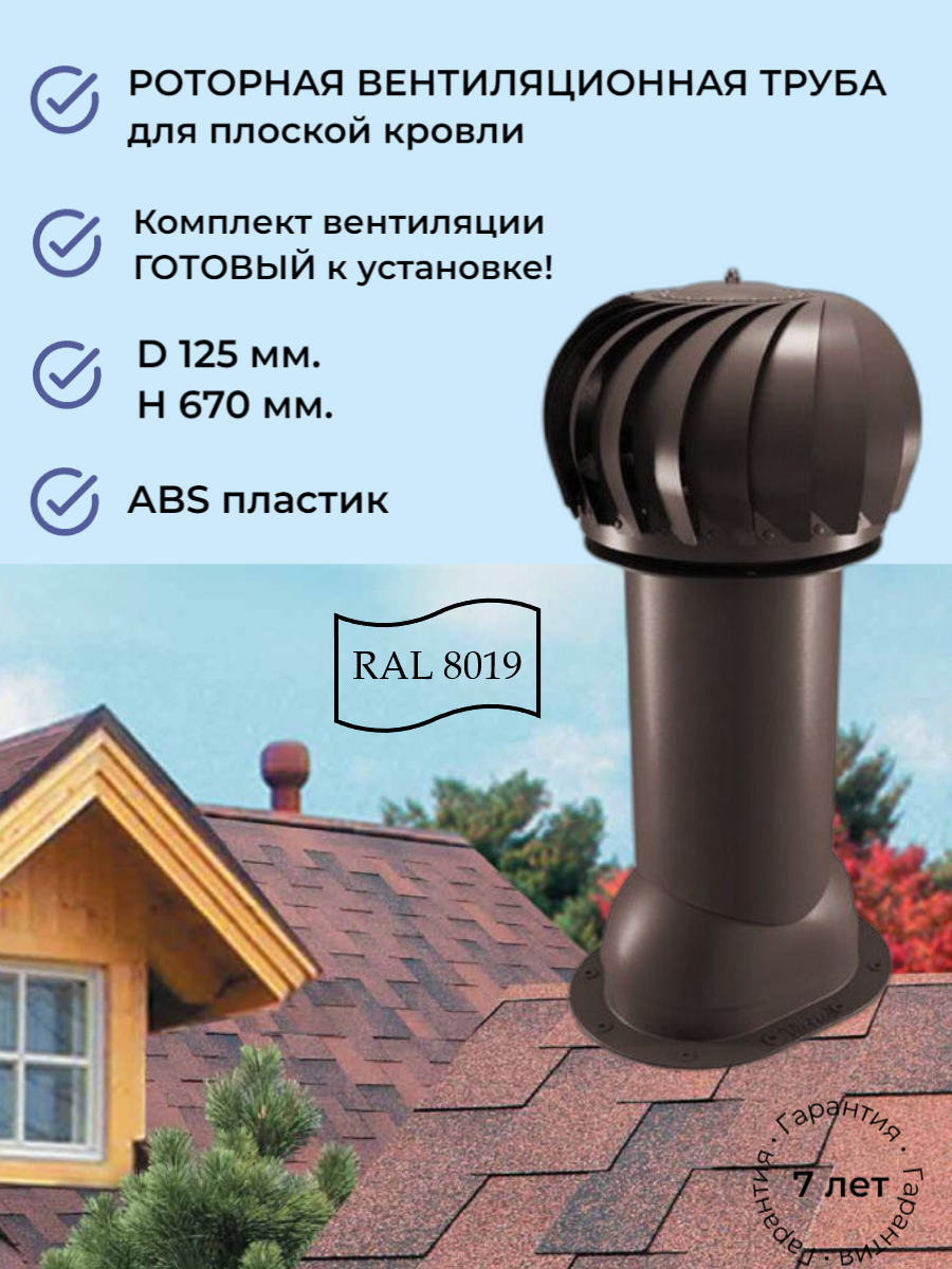 Роторный вентиляционный выход 150/125 мм. для готовой мягкой и фальцевой кровли, утепленный, Viotto RAL 8019 темно- коричневый
