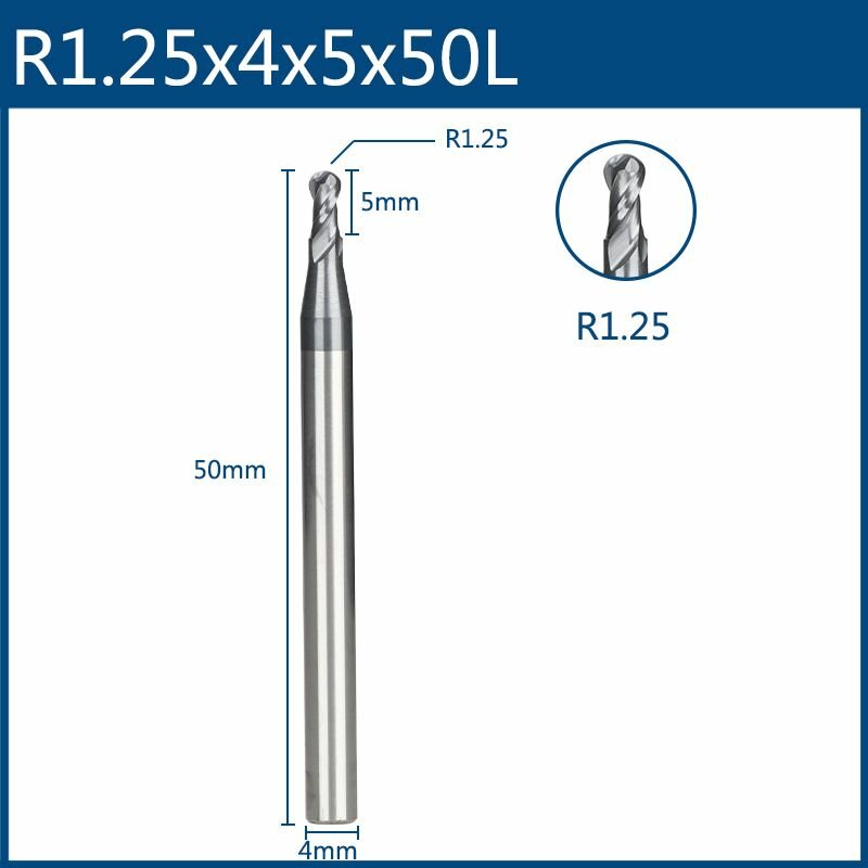 Фреза сферическая XCAN, 4хR1,25х5х50 мм, 1 шт, твердосплавная HRC55 Фреза по металлу для станка ЧПУ