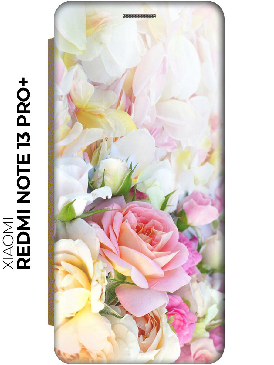 Чехол-книжка на Xiaomi Redmi Note 13 Pro + / Сяоми Редми Ноут 13 Про + с рисунком "Нежные розы" золотистый