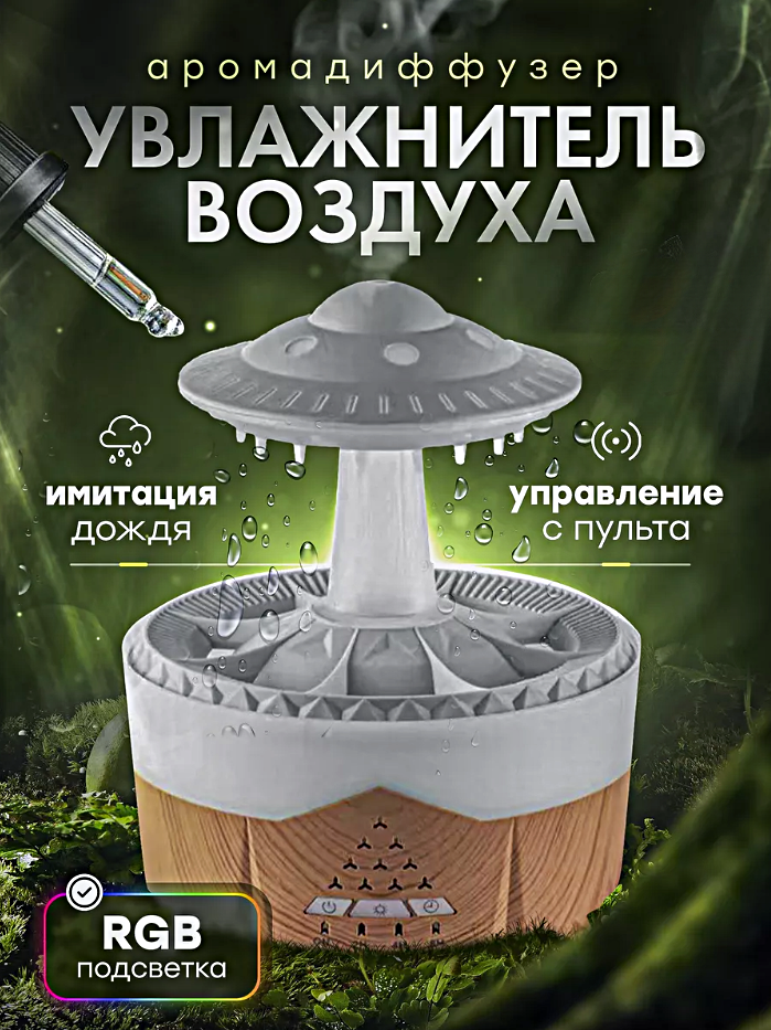 Увлажнитель воздуха ультразвуковой Гриб TWO VERSION, Аромадиффузор с подсветкой, Увлажнитель воздуха, Светлое дерево