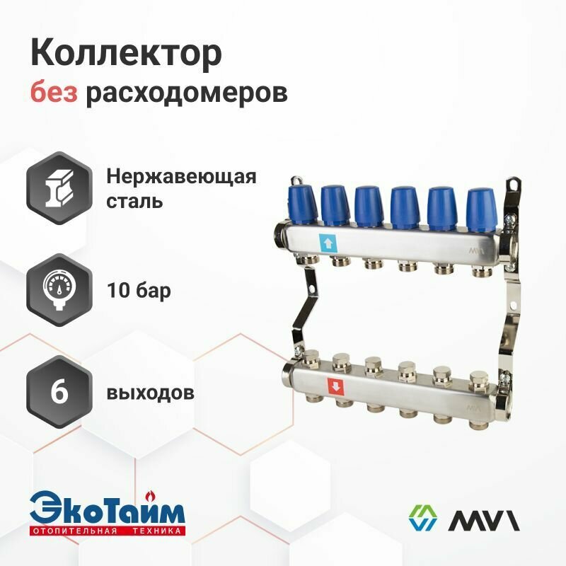 Коллектор MVI из нержавеющей стали в сборе для отопления, 6 выходов / контуров / отводов