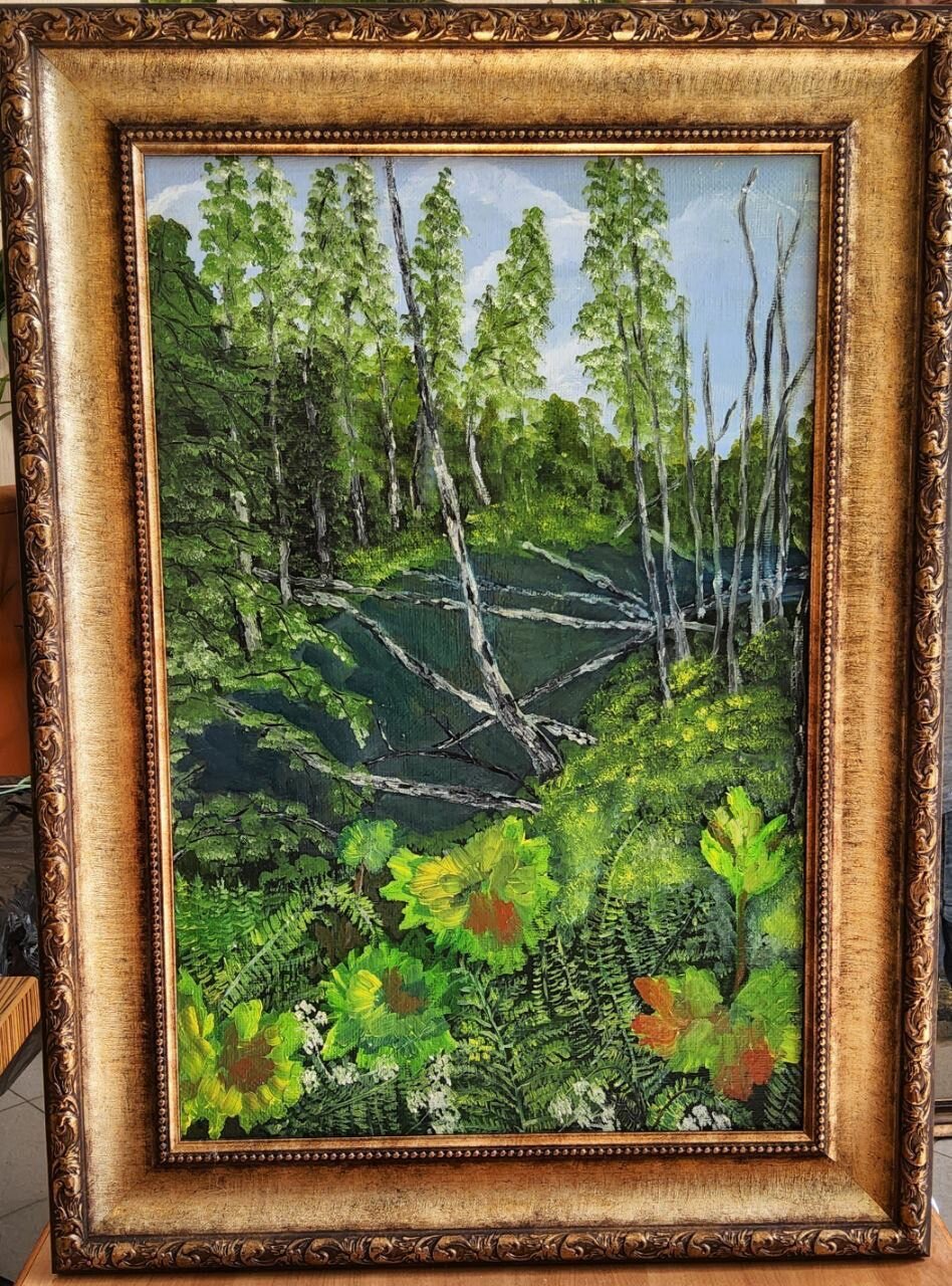 Картина в раме. Миляева Нина "Лесная топь 4", холст, масло, 60x40. Авторская живопись.